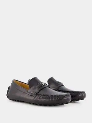 FERRAGAMO Gancini Ornament Driver Loafers In Hammered Calfskin - Black