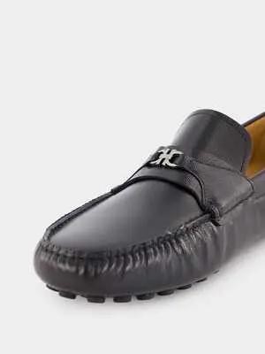 FERRAGAMO Gancini Ornament Driver Loafers In Hammered Calfskin - Black