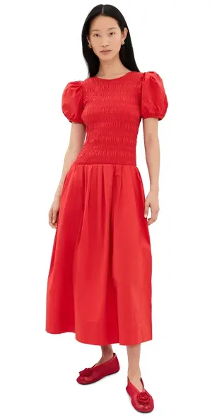GANNI Smocked Cotton Pleated Midi Dress - Goji Berry