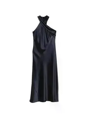 Galvan Midnight Satin Halterneck Midi Dress - Blue