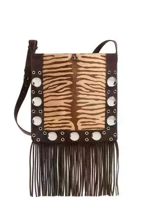 Valentino Garavani Nellcôte Shoulder Bag In Animalier Pony-effect Calfskin With Fringes - Brown