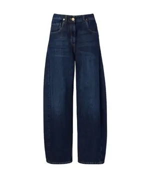 Brunello Cucinelli Barrel Leg Jeans With Leather Trim - Blue