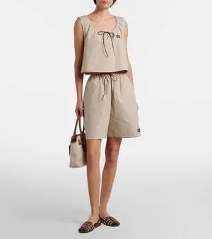 Miu Miu Leather-trimmed Cotton-blend Crop Top - Beige