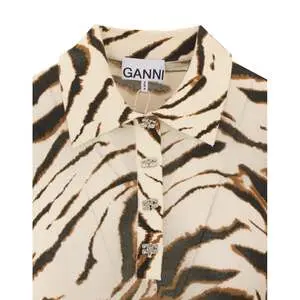 GANNI Zebra Print Short Sleeve Polo Shirt - Cream
