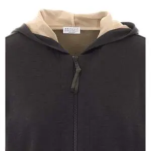 Brunello Cucinelli Cotton And Silk Interlock Hooded Top With Zipper Pull