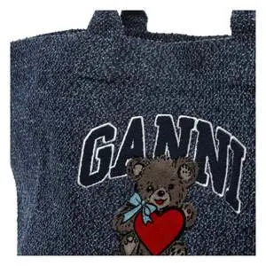 GANNI Large Tweed Shopper Bag With Embroidered Logo - Blue
