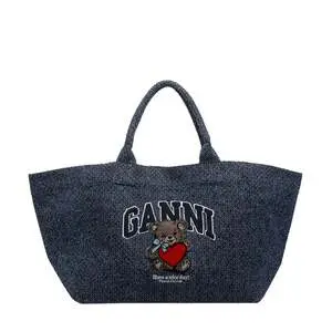 GANNI Large Tweed Shopper Bag With Embroidered Logo - Blue