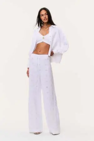 LoveShackFancy Cinna Wide Leg Eyelet Linen Pants