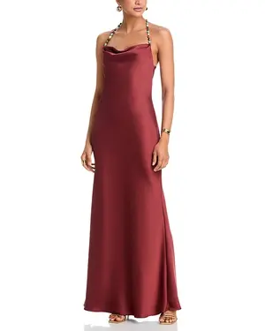 Aqua Satin Beaded Strap Maxi Dress