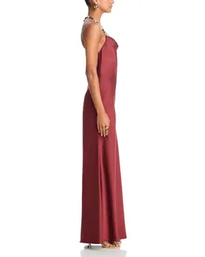 Aqua Satin Beaded Strap Maxi Dress
