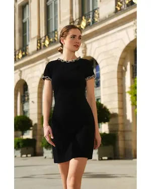 EMILY SHALANT Crystal Chain Embellished Stretch Crepe Mini Dress