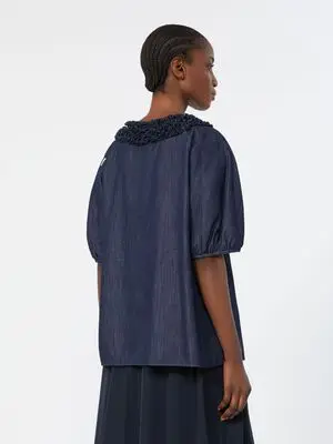 Max Mara Cotton Denim Blouse With Ruffled Neckline And Jewel Embroidery