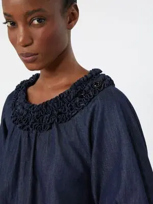 Max Mara Cotton Denim Blouse With Ruffled Neckline And Jewel Embroidery