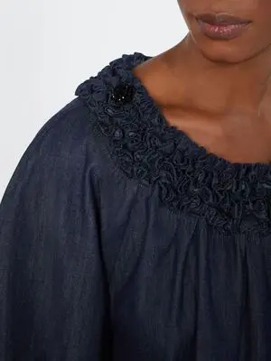 Max Mara Cotton Denim Blouse With Ruffled Neckline And Jewel Embroidery