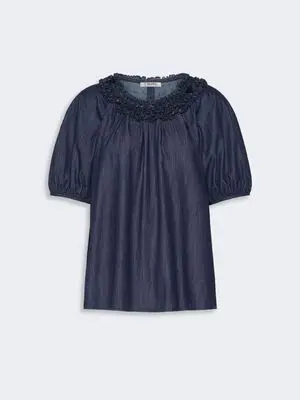 Max Mara Cotton Denim Blouse With Ruffled Neckline And Jewel Embroidery