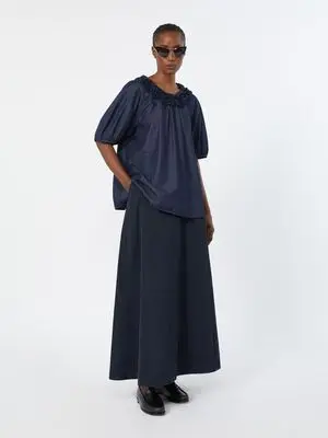 Max Mara Cotton Denim Blouse With Ruffled Neckline And Jewel Embroidery