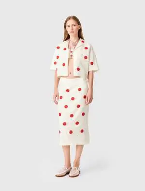 Maje Embroidered Linen-silk Pencil Skirt With Red Beaded Polka Dots