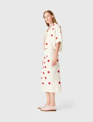 Maje Embroidered Linen-silk Pencil Skirt With Red Beaded Polka Dots