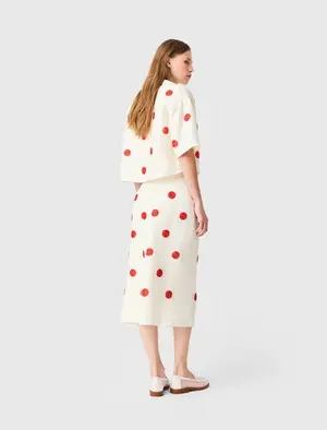 Maje Embroidered Linen-silk Pencil Skirt With Red Beaded Polka Dots