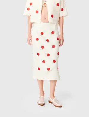 Maje Embroidered Linen-silk Pencil Skirt With Red Beaded Polka Dots