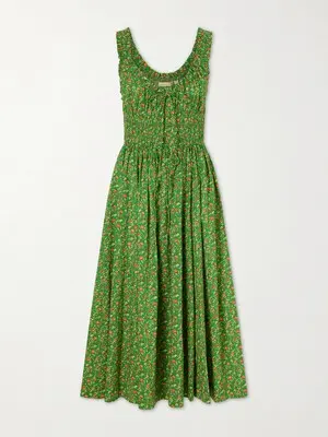 DÔEN Emmaretta Shirred Floral-print Organic Cotton Midi Dress - Green