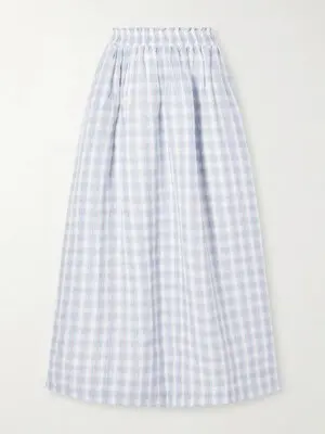SKALL Pleated Checked Linen Midi Skirt