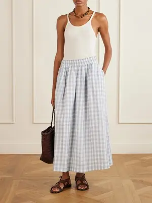 SKALL Pleated Checked Linen Midi Skirt
