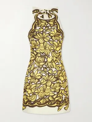 ALEMAIS Mona Floral-print Hemp Halterneck Mini Dress