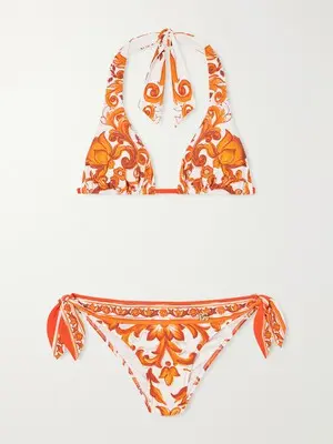 Dolce & Gabbana Majolica Knotted Printed Halterneck Bikini - Orange