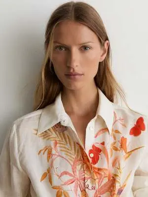 REISS Cilia Butterfly-print Ramie Shirt