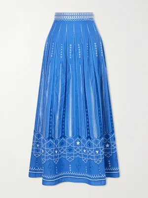 EMPORIO SIRENUSE Camille Embroidered Linen And Cotton-blend Midi Skirt - Blue
