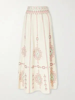 EMPORIO SIRENUSE Camille Embroidered Linen And Cotton-blend Midi Skirt - Neutrals
