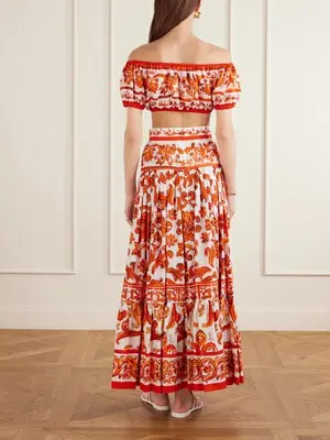 Dolce & Gabbana Printed Cotton-poplin Off-the-shoulder Cropped Top - Orange