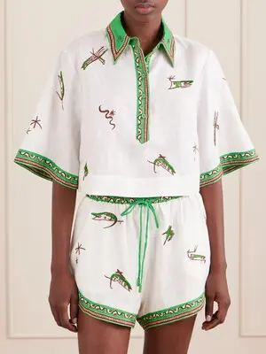 ALEMAIS Wanda Embroidered Linen Shorts - Neutrals