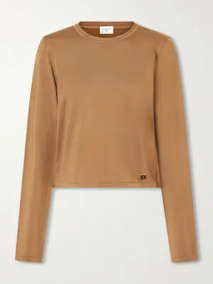 Saint Laurent Logo Embellished Woven T-shirt - Brown