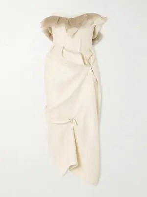 Khaite Salm Strapless Ruffled Wool And Silk-blend Midi Dress - Neutrals