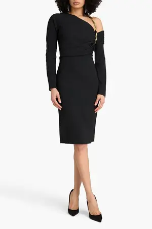 Versace One-shoulder Draped Stretch-crepe Dress With Logo Embellishment