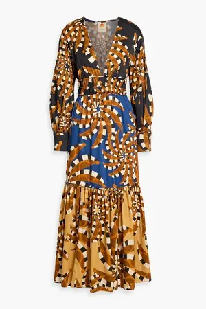 Farm Rio Ruched Printed Cotton-blend Poplin Maxi Dress