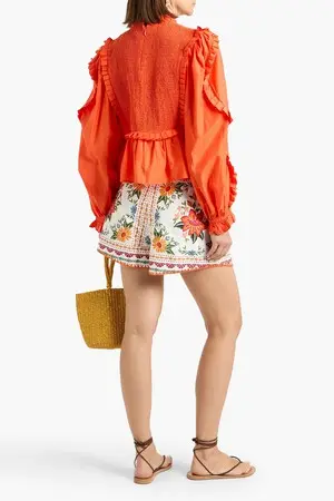 Farm Rio Shirred Ruffled Cotton-voile Blouse
