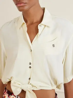 Rabanne Cropped Logo Embellished Knotted Blouse - Yellow