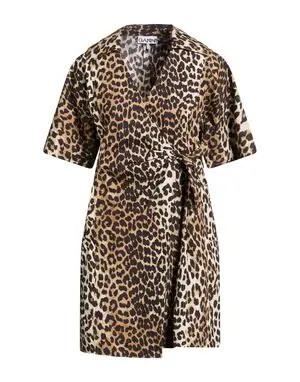 GANNI Leopard Print Organic Cotton Wrap Mini Dress