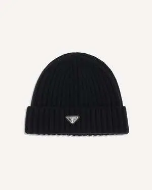 Prada Virgin Wool Ribbed Beanie Hat