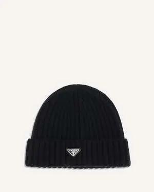 Prada Virgin Wool Ribbed Beanie Hat - Black