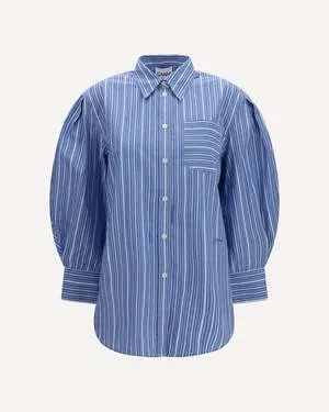 GANNI Striped Cotton Shirt With Classic Collar And Chest Pocket - Light Blue
