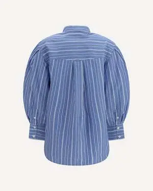 GANNI Striped Cotton Shirt With Classic Collar And Chest Pocket - Light Blue
