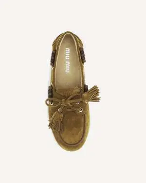 Miu Miu Suede Boat Loafers With Tassel Detail - Beige