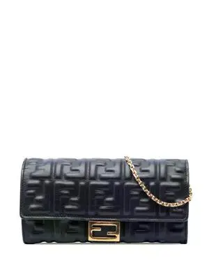 Fendi 2010-2026 Zucca Embossed Nappa Baguette Continental Wallet With Chain Crossbody Bag - Black
