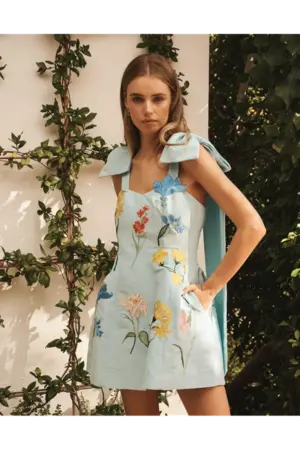 Mestiza New York Convertible Bow Mini Dress With Floral Embroidery - Blue