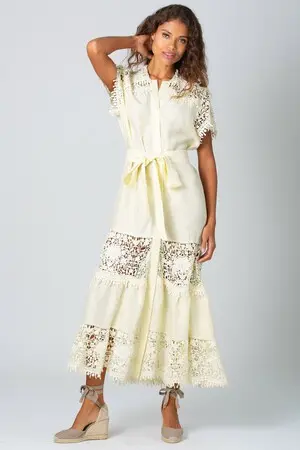 Miguelina Miguelina Bethany Linen Dress With Bleeding Hearts Trim - Yellow