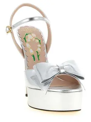 Valentino Garavani Metallic Leather Bow Platform Sandals - Silver